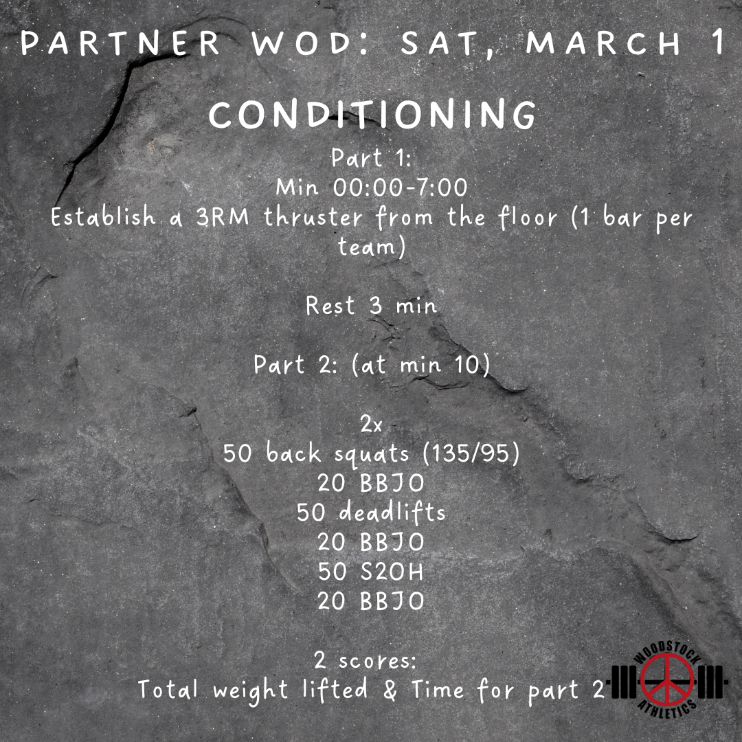 Partner WOD & Barbell Club: Sat, March 1 – woodstockathletics